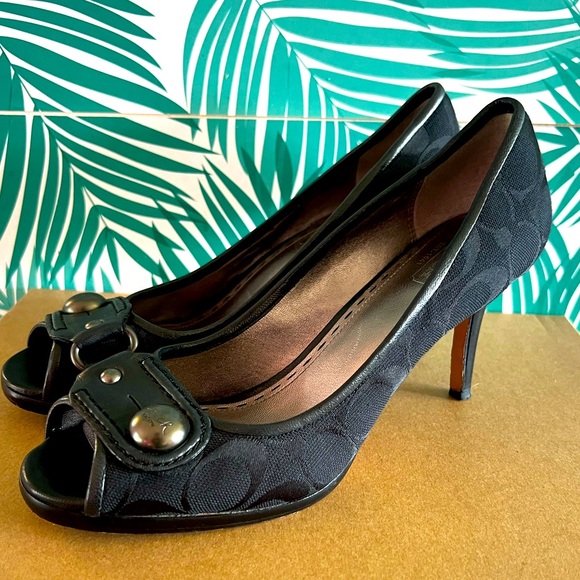 Coach | Shoes | Coach Black Signature Canvas Peep Toe Heels W Leather ...
